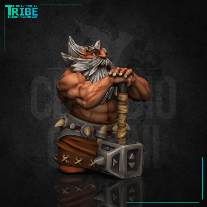 3D Printable (0134 Colors) Male dwarf barbarian warrior with two hands hammer by Claudio Casini Art